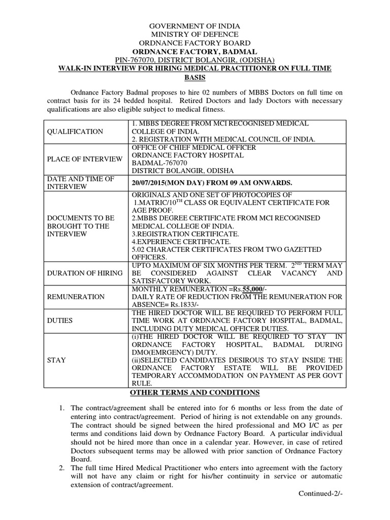 Ordnance Factory, Badmal: Walk-In Interview For Hiring Medical ...