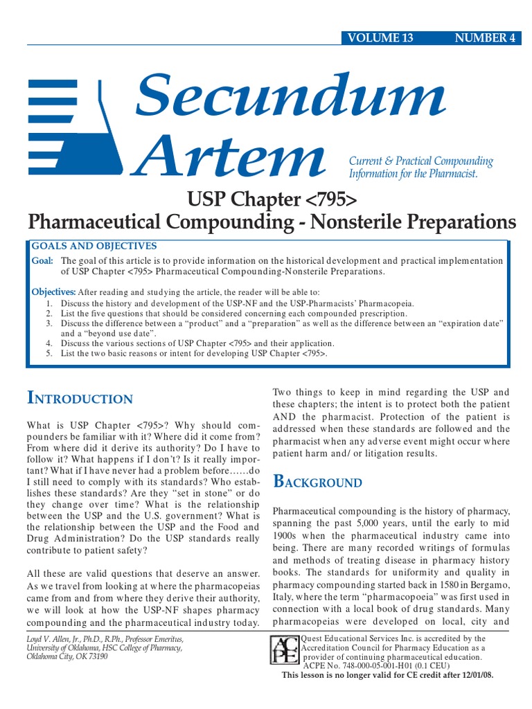 USP Chapter 795 Pharmaceutical Compounding Nonsterile Preparations | PDF