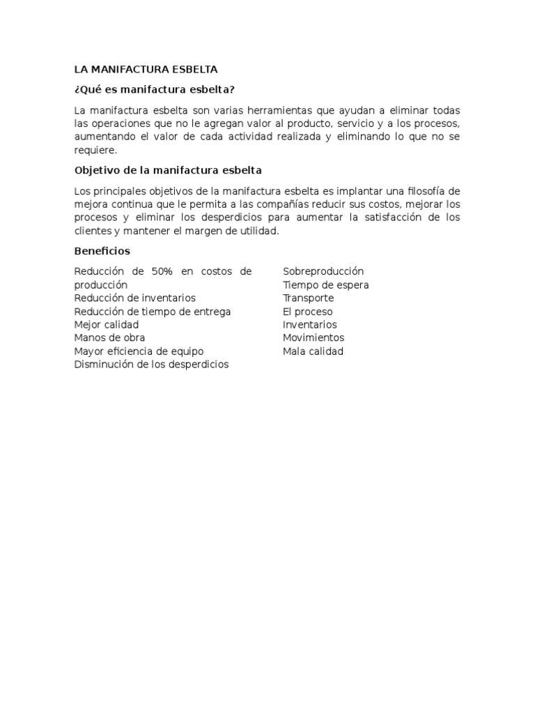 La Manufactura Esbelta-Informe | Descargar gratis PDF | Lean Manufacturing | Calidad (comercial)