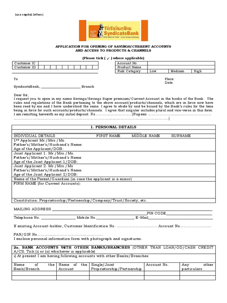 Syndicate Bank Application Form | PDF | Debit Card | Deposit Account