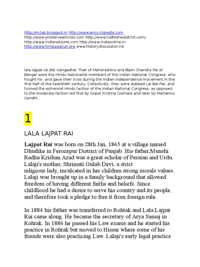 LALA LAJPAT RAI, BIPIN CHANDRA PAL, AND BAL GANGADHAR TILAK: KEY ...
