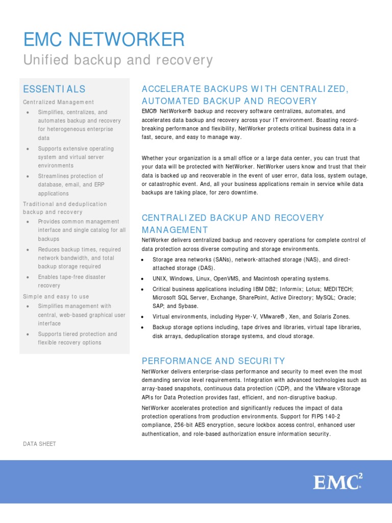 Emc Networker: Unified Backup and Recovery | PDF | Backup | Replication ...