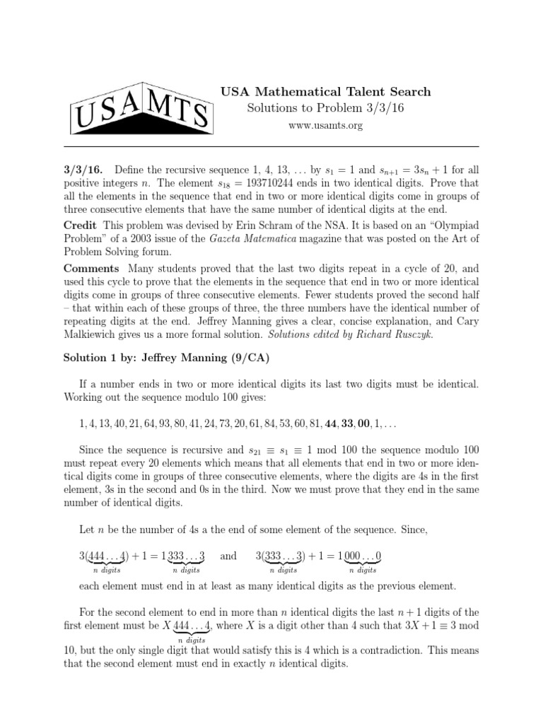 USA Mathematical Talent Search Solutions To Problem 3/3/16 | PDF ...