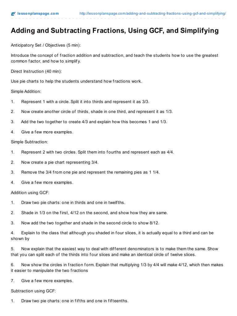 Adding and Subtracting Fractions Using GCF and Simplifying | PDF ...