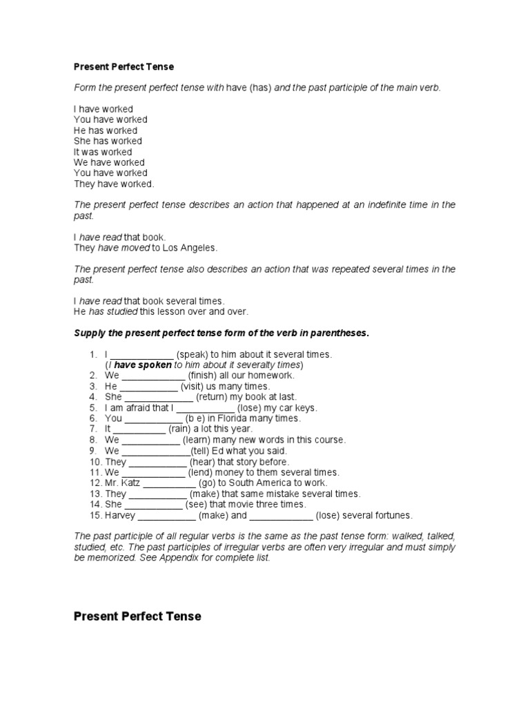 Present Perfect Tense | PDF | Perfect (Grammar) | Grammatical Tense