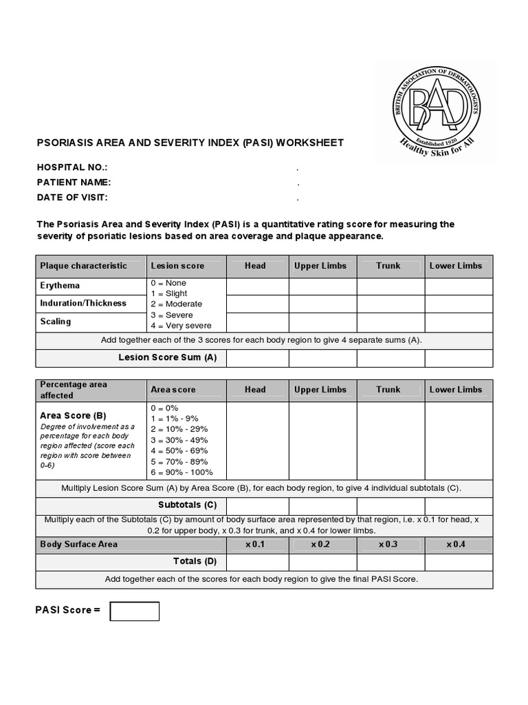 Psoriasis Area and Severity Index (Pasi) Worksheet | PDF | Teaching ...