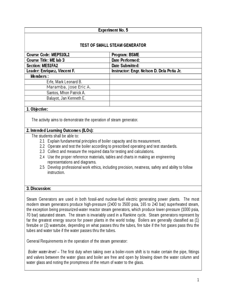 ME510L2 Steam Generator Test | PDF | Boiler | Steam
