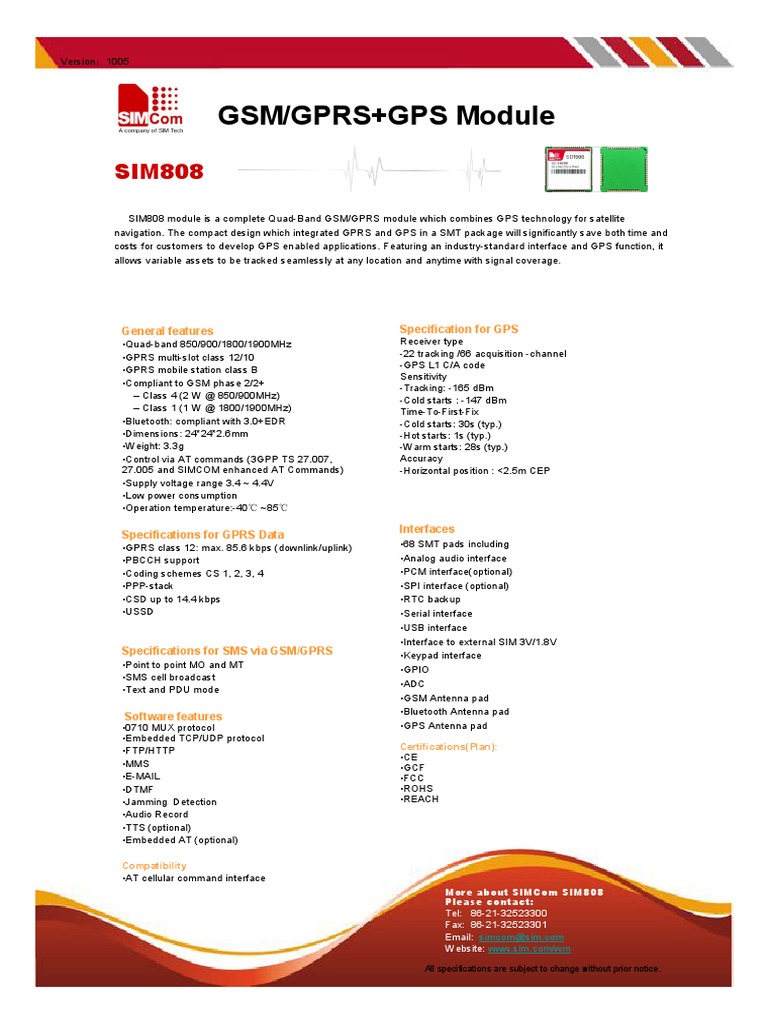 GSM/GPRS+GPS Module: General Features Specification For GPS | PDF