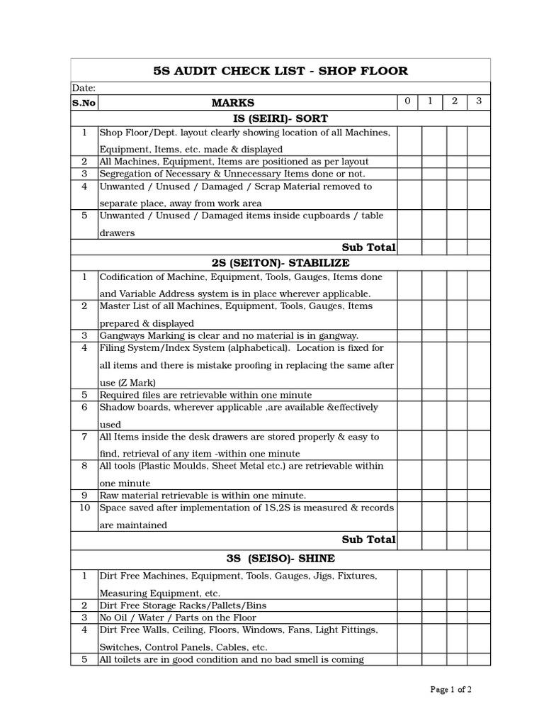 5s Checklist For Warehouse