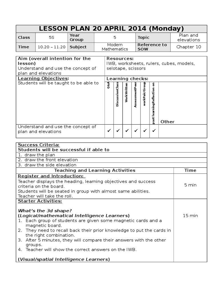 Lesson Plan Plan Elevations Pdf Lesson Plan Teachers