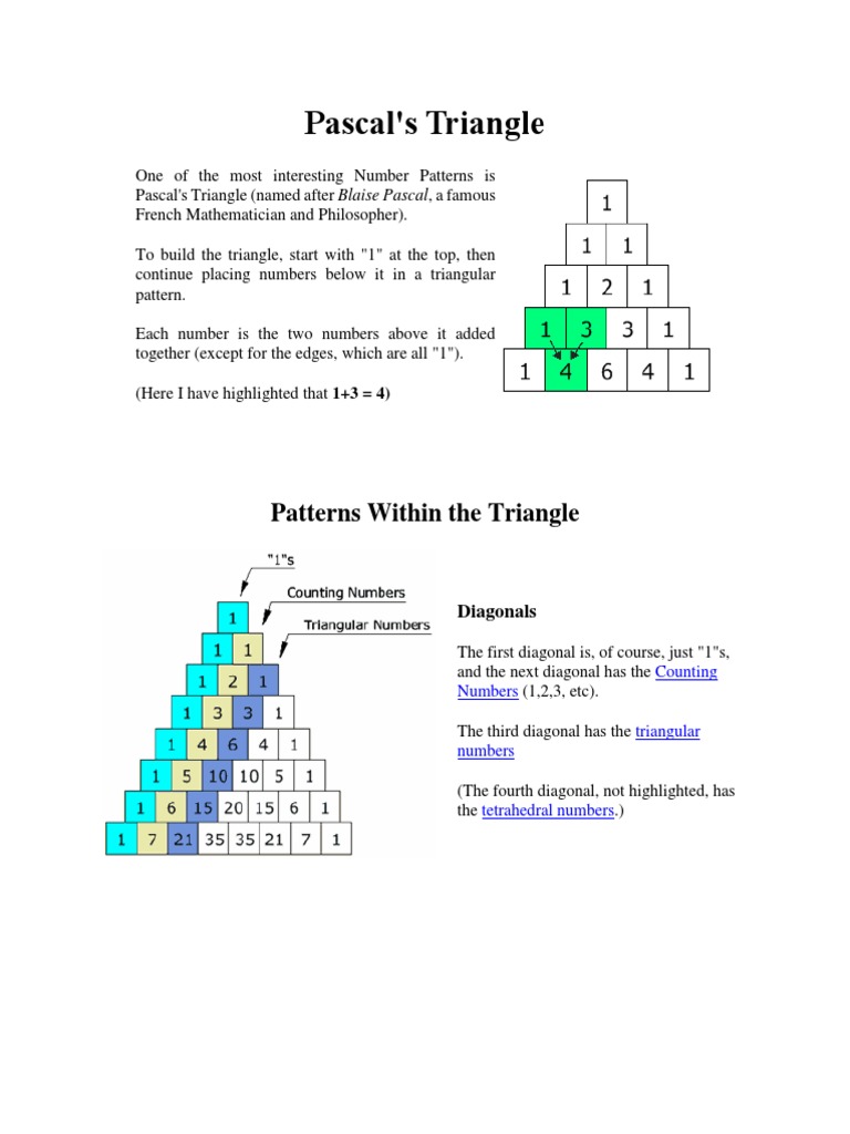 Pascal's Triangle: Patterns Within The Triangle | PDF | Elementary Mathematics | Mathematical ...
