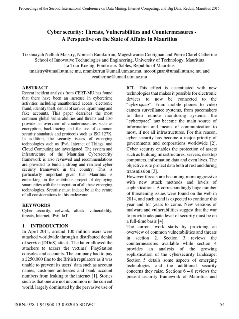 Cyber Security: Threats, Vulnerabilities and Countermeasures - A Perspective On The State of ...