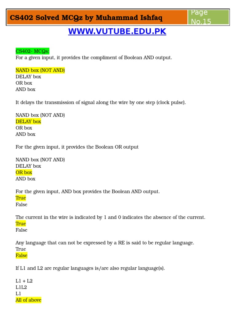 Theory of Automata - CS402 Solved Mcqs | PDF | Discrete Mathematics | Theory Of Computation