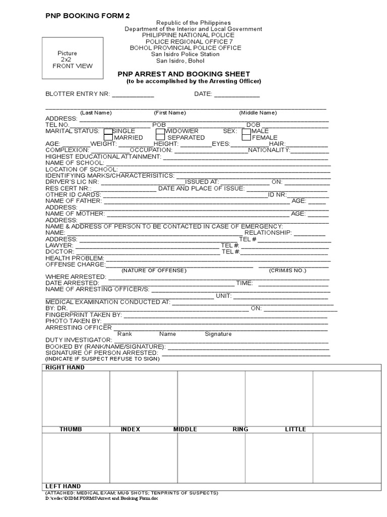 Arrest And Booking Form