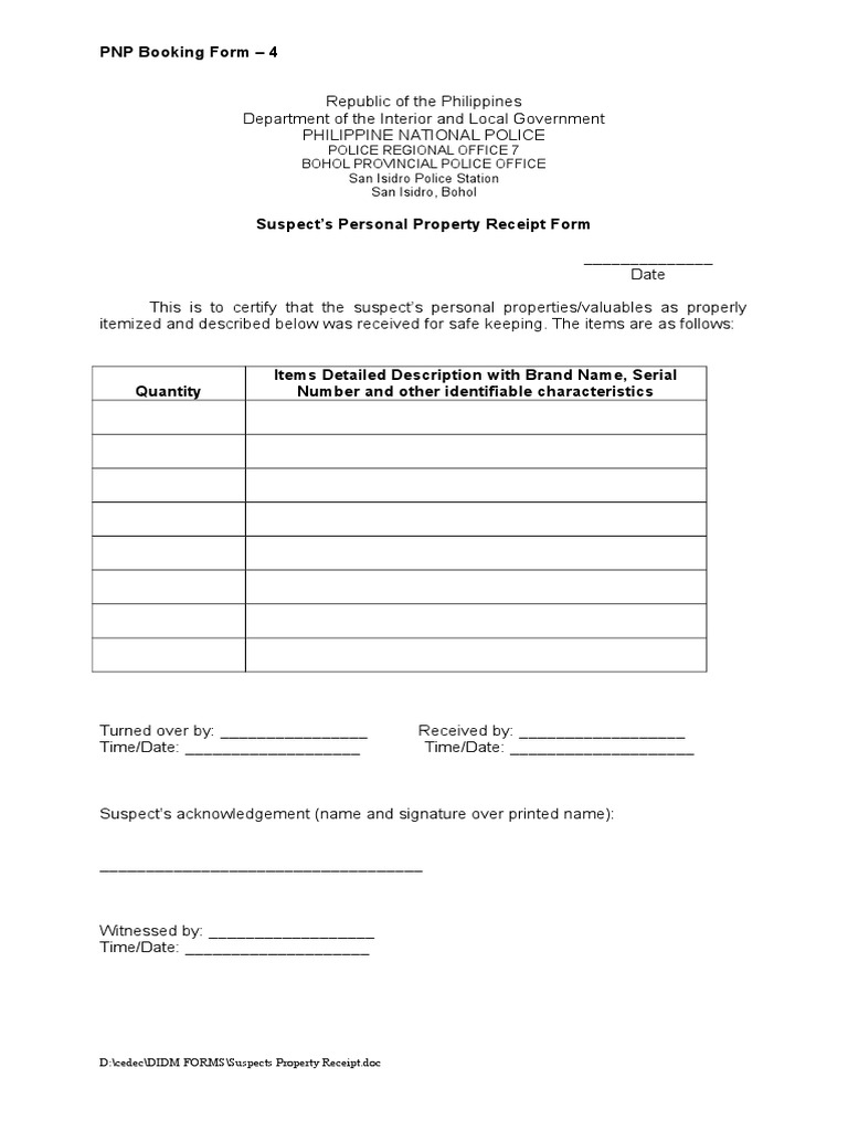 PNP Booking Form - 4: Police Regional Office 7 Bohol Provincial Police ...