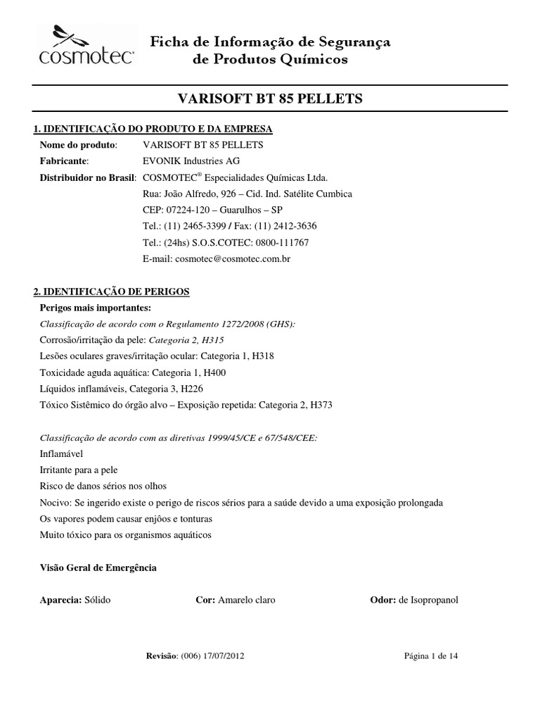 FISPQ - Varisoft BT-85 Pellets | Download grátis PDF | Solubilidade ...