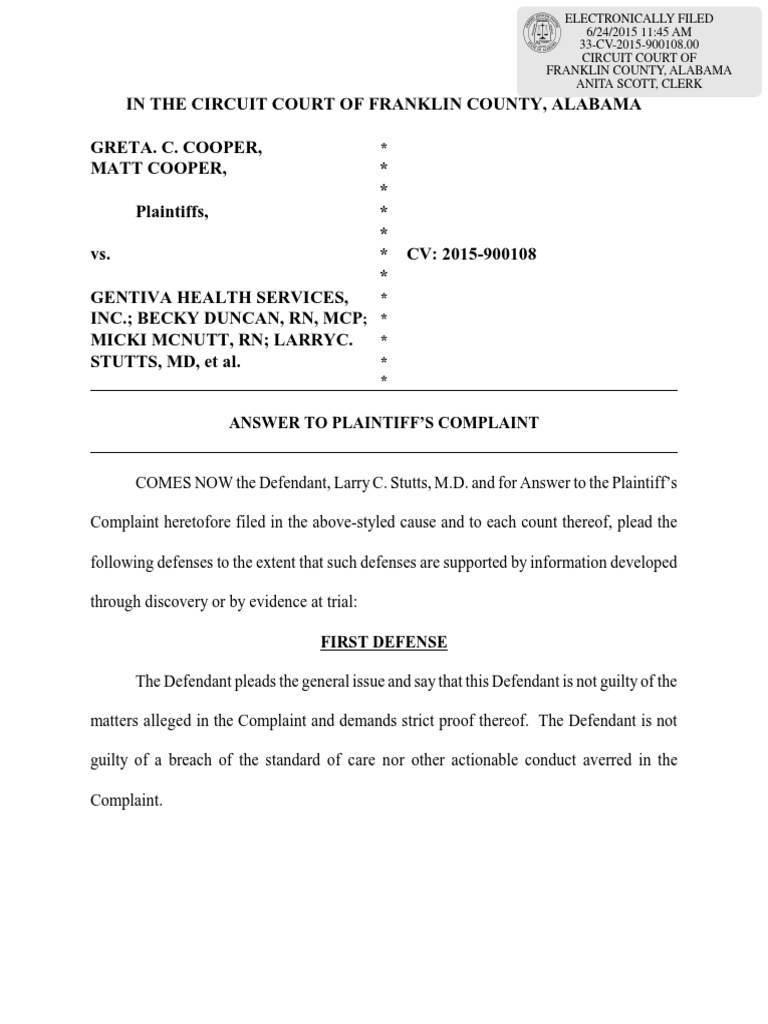 Sen. Larry Stutts Responds To Lawsuit | PDF | Damages | Punitive Damages