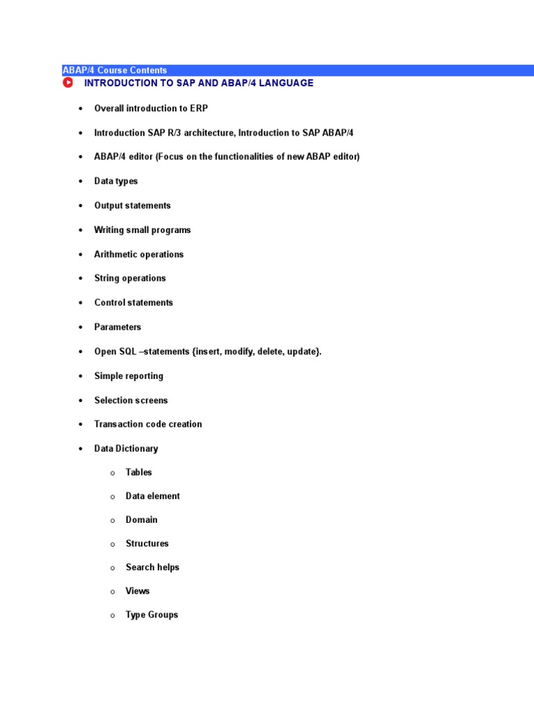 ABAP Ver 4 Course Contents | PDF | Subroutine | Software Engineering