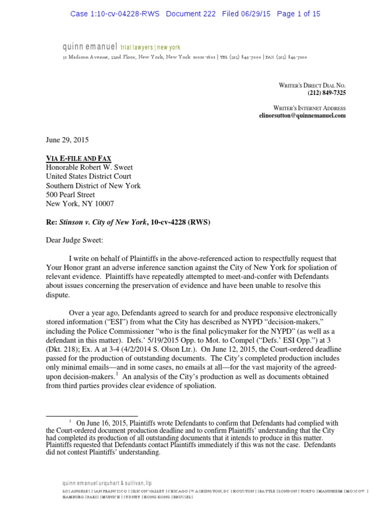 Plaintiffs' Letter re Destroyed Evidence In Stinson Trial | Discovery ...