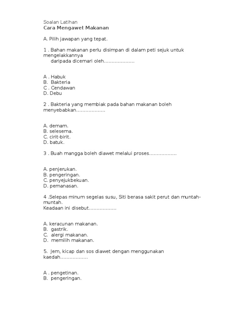 Soalan Latihan Pengawetan Makanan | PDF