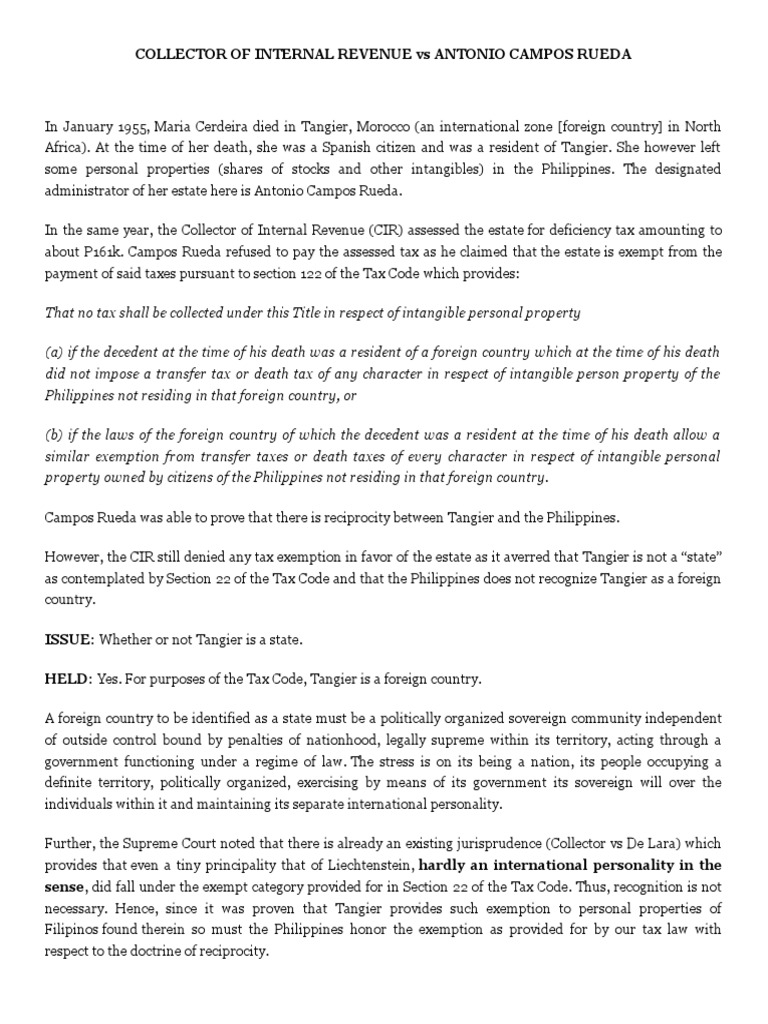 COLLECTOR OF INTERNAL REVENUE Vs ANTONIO CAMPOS RUEDA (Case Digest ...