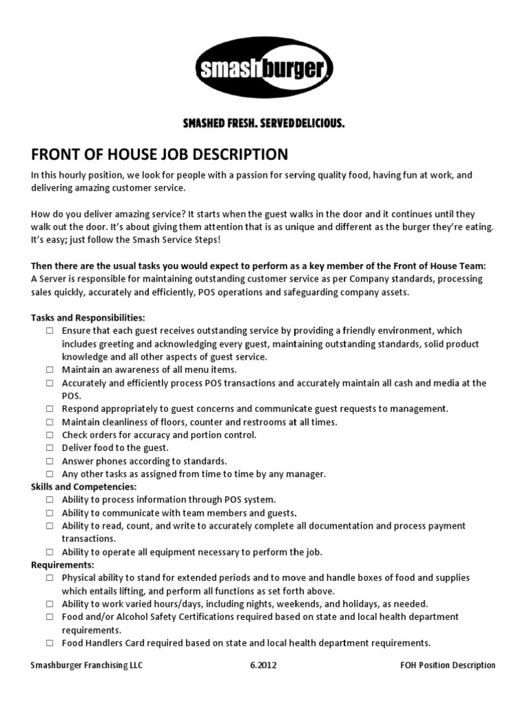 Front of House Job Description | PDF