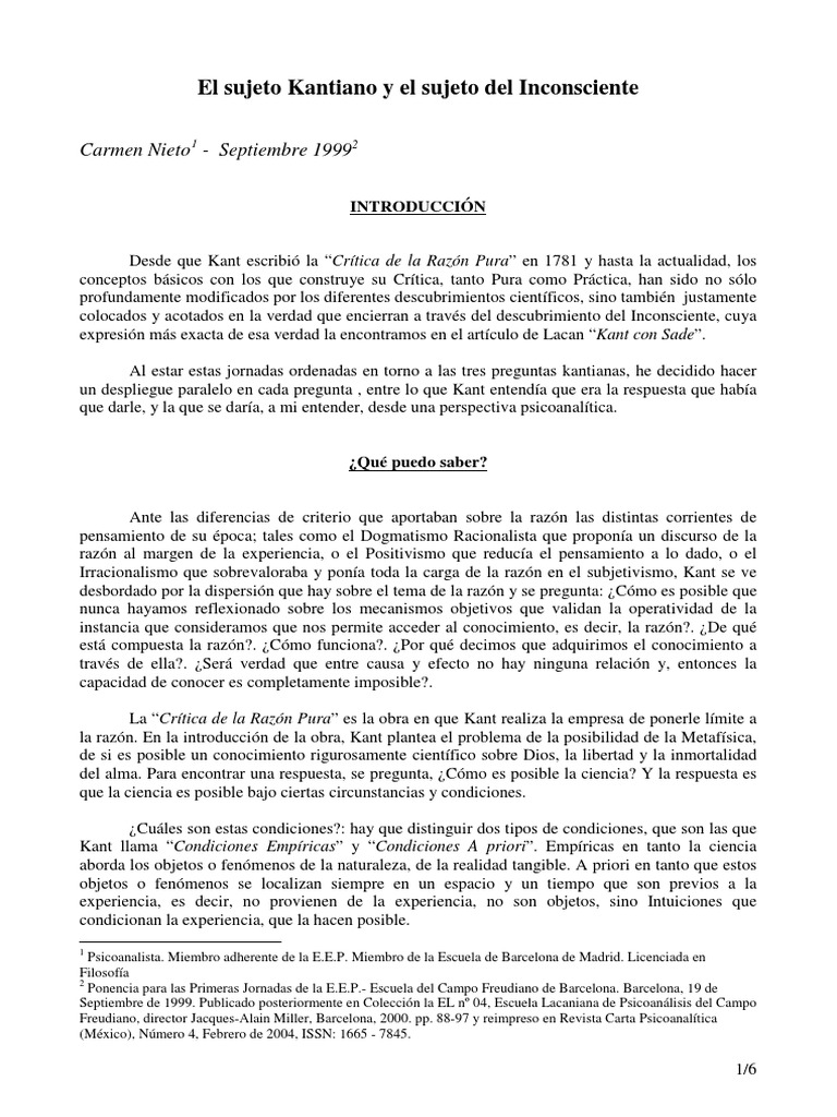 Sujeto Kantiano | PDF | Immanuel Kant | Conocimiento