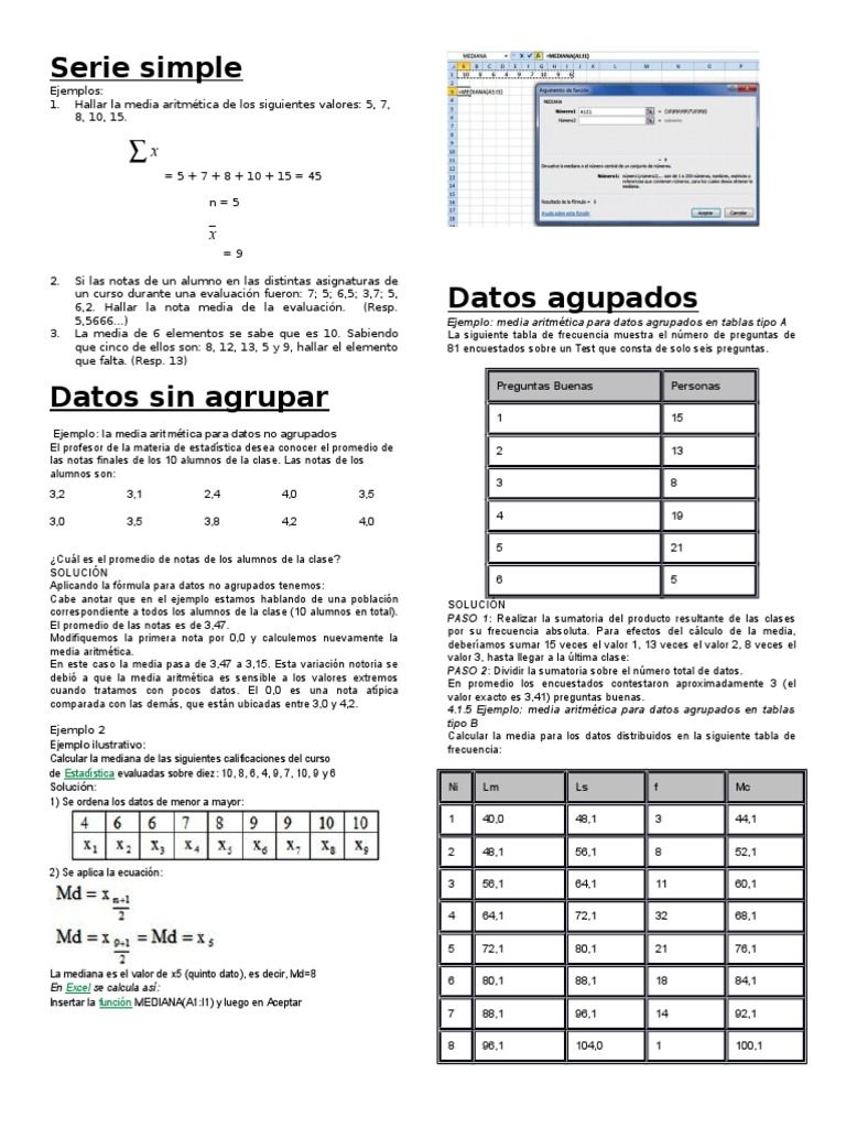 Serie Simple, Datos sin Agruoar y Datos Agrupados Estadistica | Mediana ...