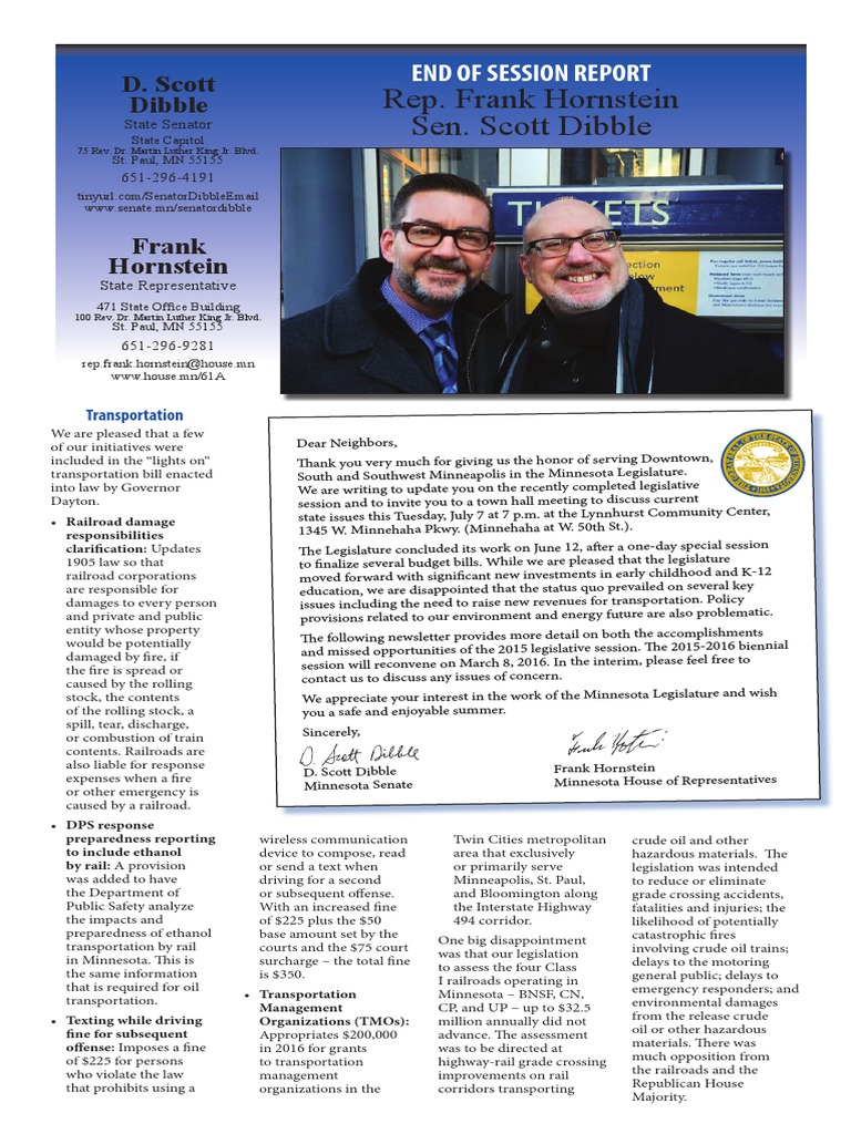 Rep. Frank Hornstein Sen. Scott Dibble | PDF | Employment | Railway