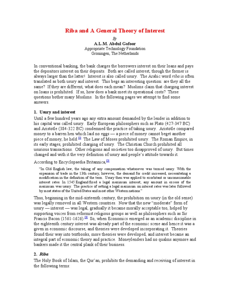 Riba and A General Theory of Interest | PDF | Usury | Interest