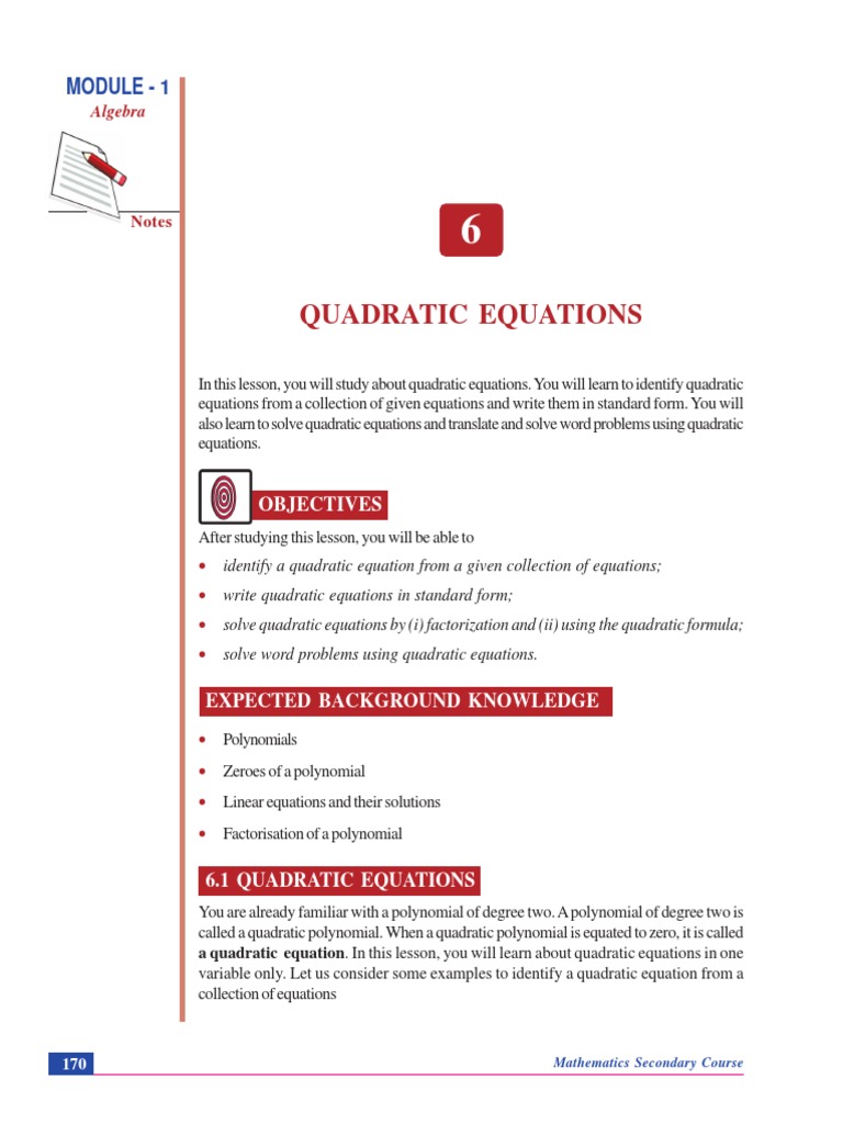 Chapter 6. Quadratic Equations | PDF | Quadratic Equation | Equations