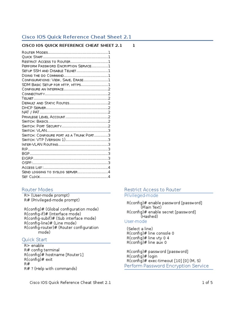 Cisco IOS Quick Reference Cheat Sheet 2.1 | PDF | Ip Address | Router ...