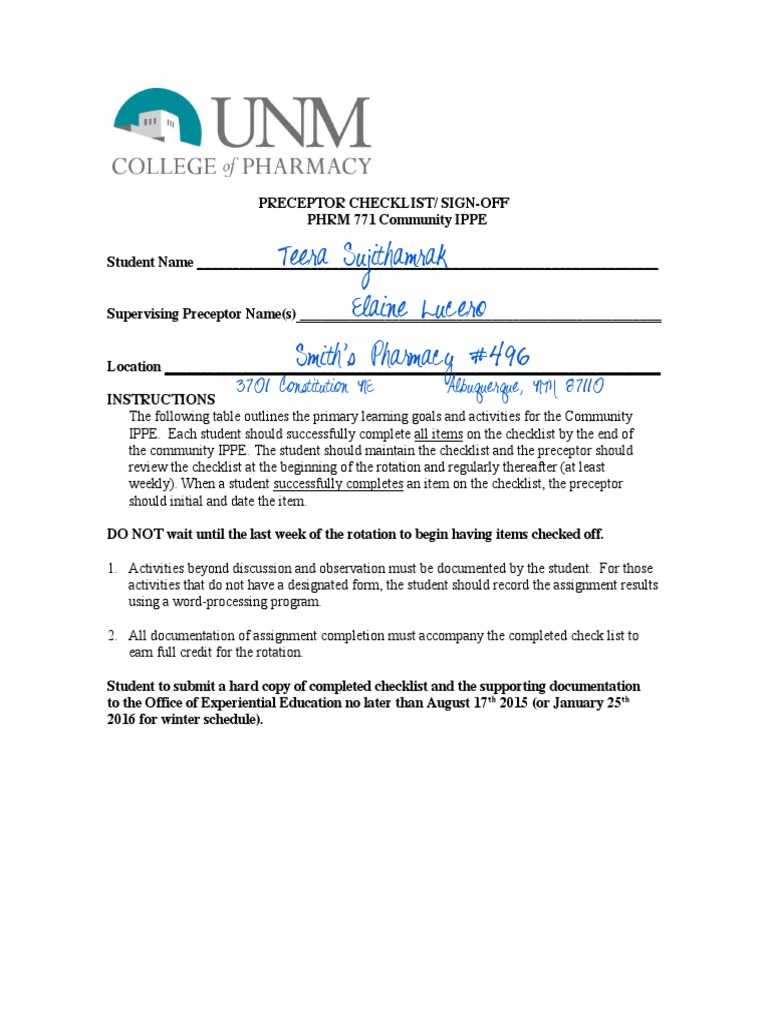 PHRM 771 Community IPPE Checklist PDF | PDF | Pharmacy | Medical Prescription