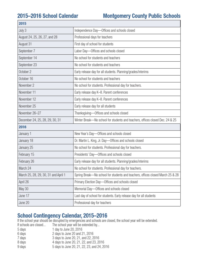 2015-2016 Montgomery Schools Calendar | PDF | Wellness