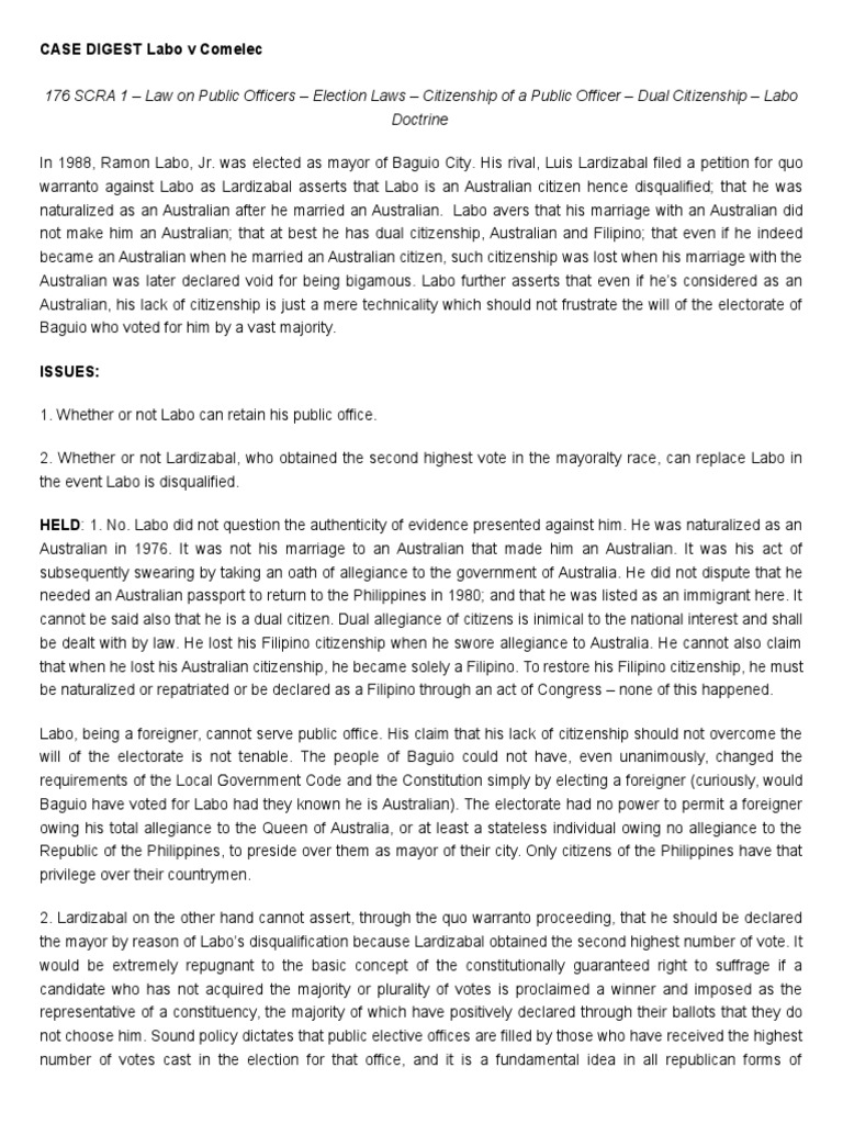 Case Digest Labo V Comelec | PDF | Naturalization | Citizenship