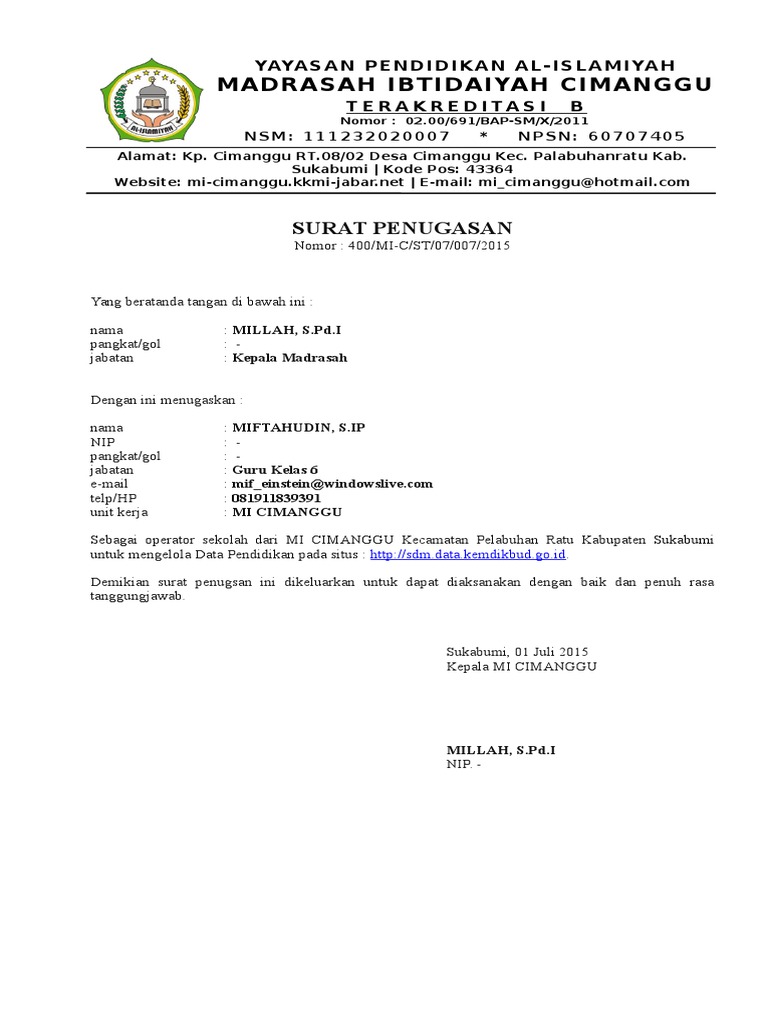 Contoh Surat Penugasan Operator Sekolah | PDF