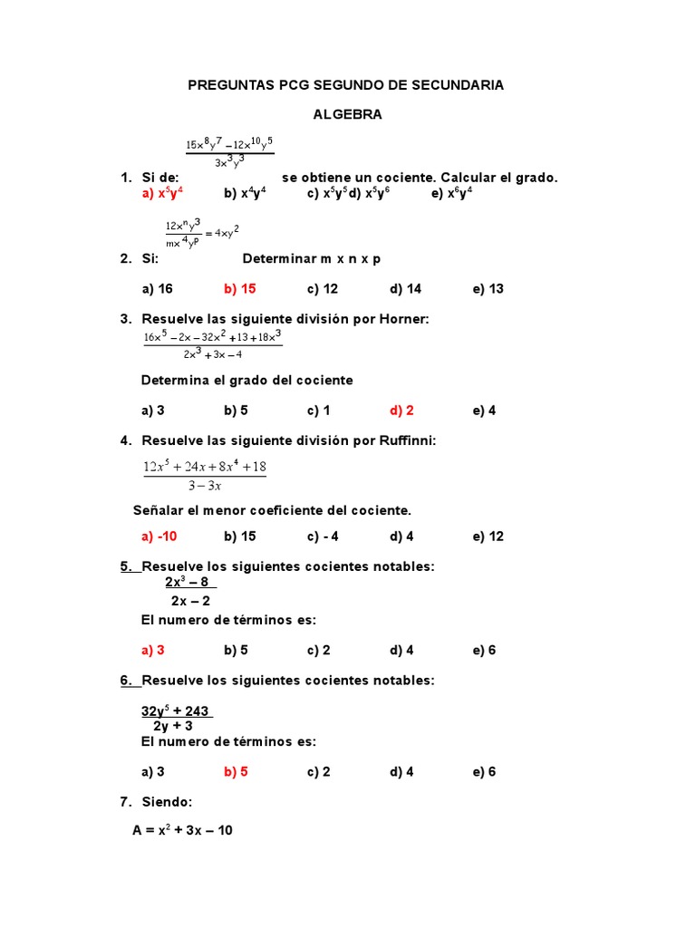 Preguntas Segundo de Secundaria Alg, Geom, Trigo, R.M. | PDF | Geometría euclidiana | Objetos ...