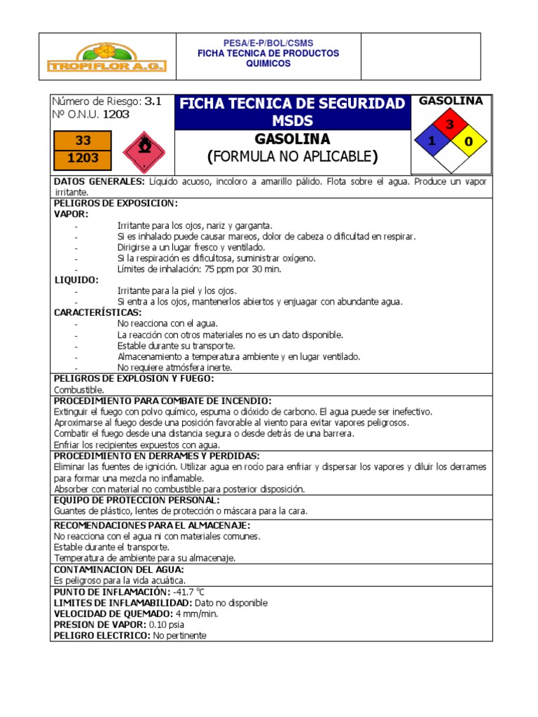 Ficha Tecnica De Seguridad Msds: Gasolina (Formula No Aplicable)