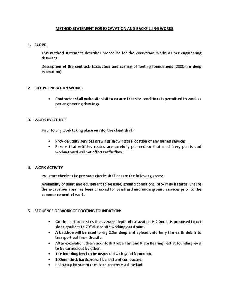 Method Statement For Excavation and Backfilling Works | PDF ...