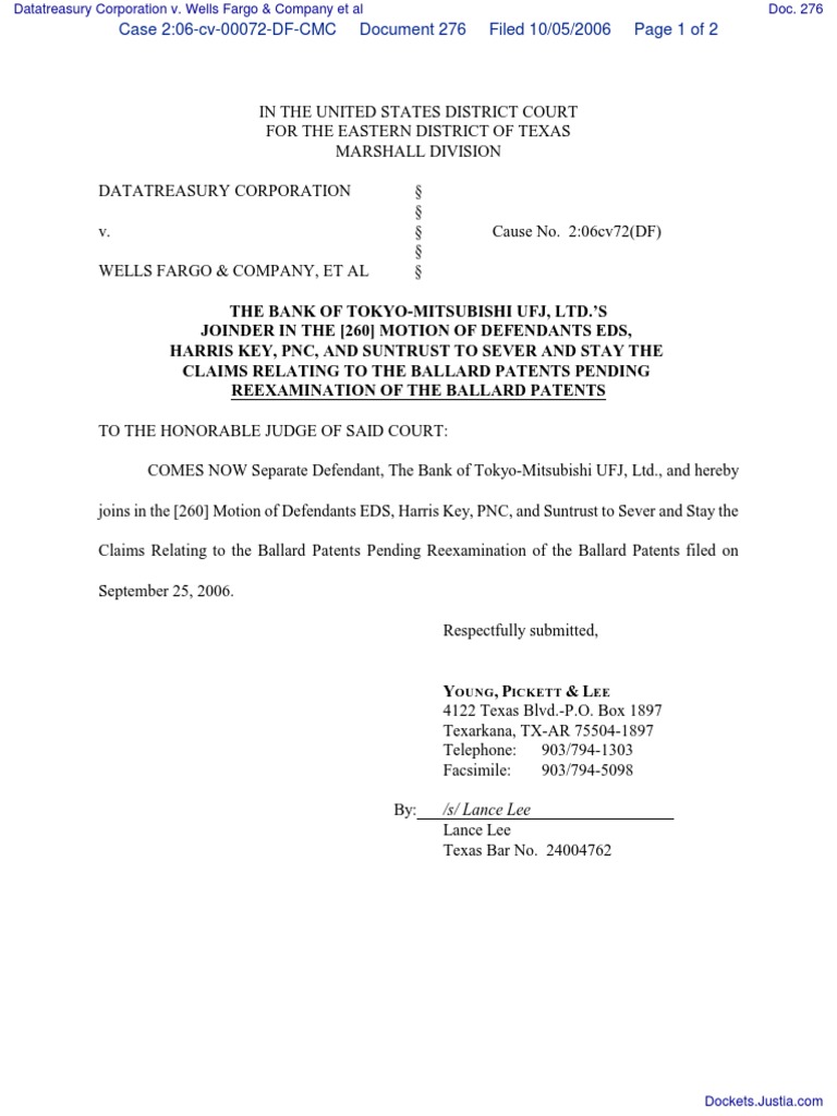 Datatreasury Corporation v. Wells Fargo & Company Et Al - Document No. 276 | PDF | Reexamination ...