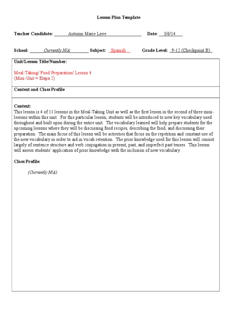 Edu 5109 - Lesson Plan 1 - Food Preparation | PDF | Vocabulary ...