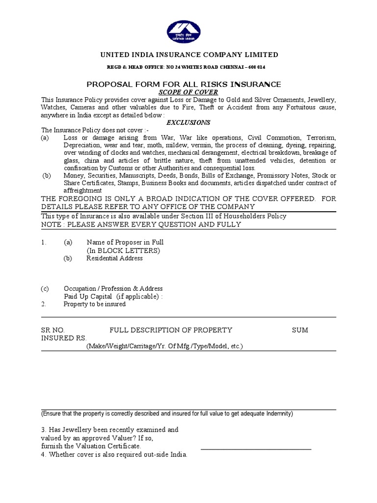 All Risk Insurance Proposal Form | PDF | Insurance | Private Law