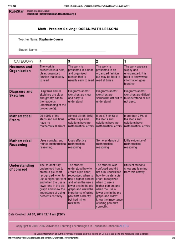 Your Rubric Math - Problem Solving Ocean Math-Lesson4 | PDF