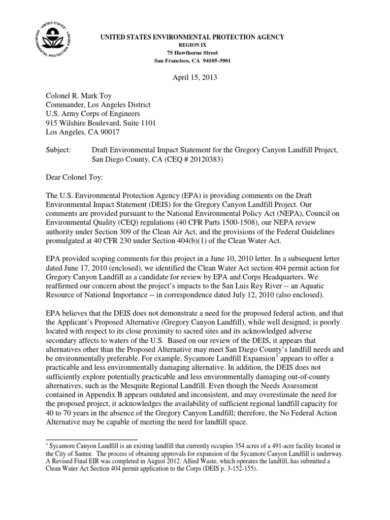 Draft Environmental Impact Statement For The Gregory Canyon Landfill ...