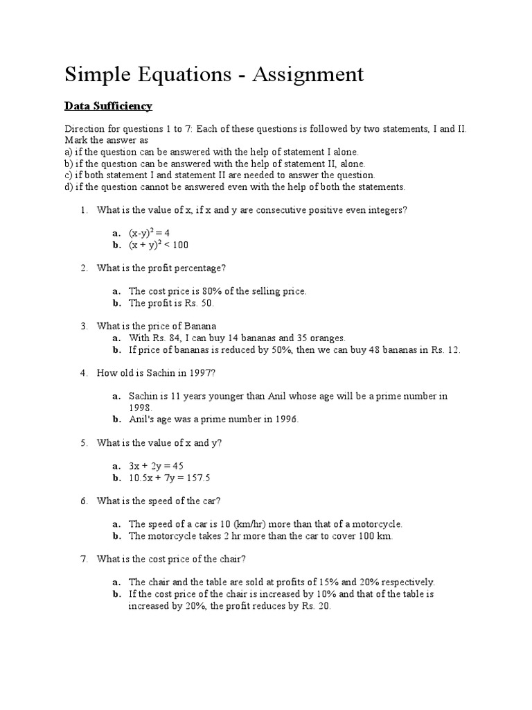 Simple Equations Assignment | Expense | Kilogram