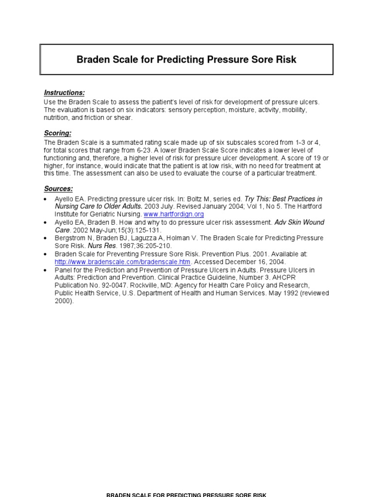 Braden Scale Risk Assessment Sheet | Eating | Pain