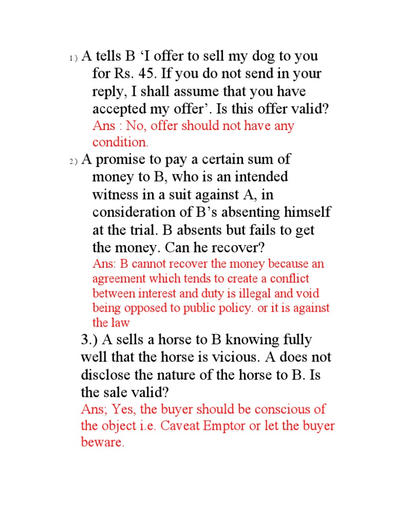 Worksheet With Answers | PDF | Consideration | Civil Law (Legal System)