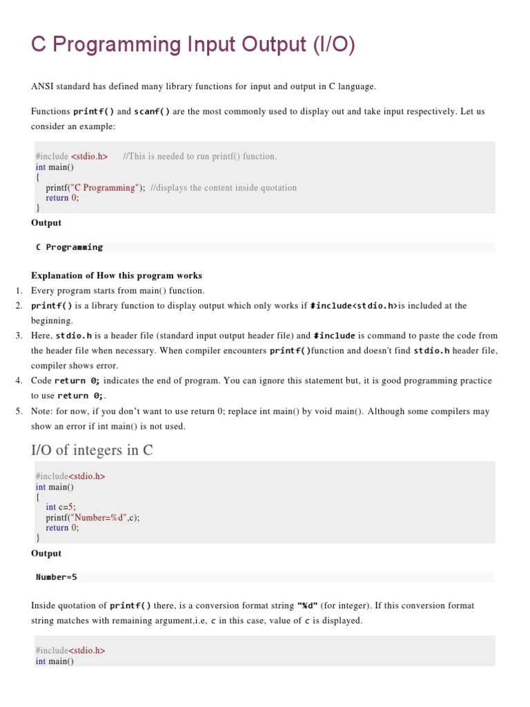 C Programming Input Output Pdf C Programming Language Integer Computer Science