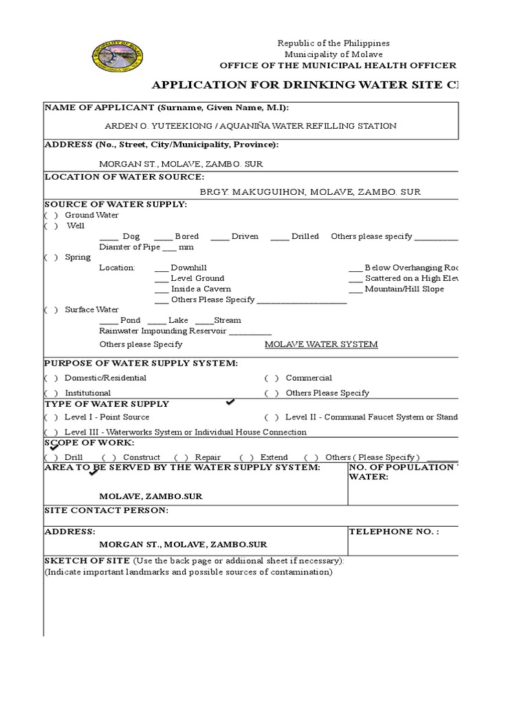 MHO - Application For Drinking Water | PDF | Water Supply ...