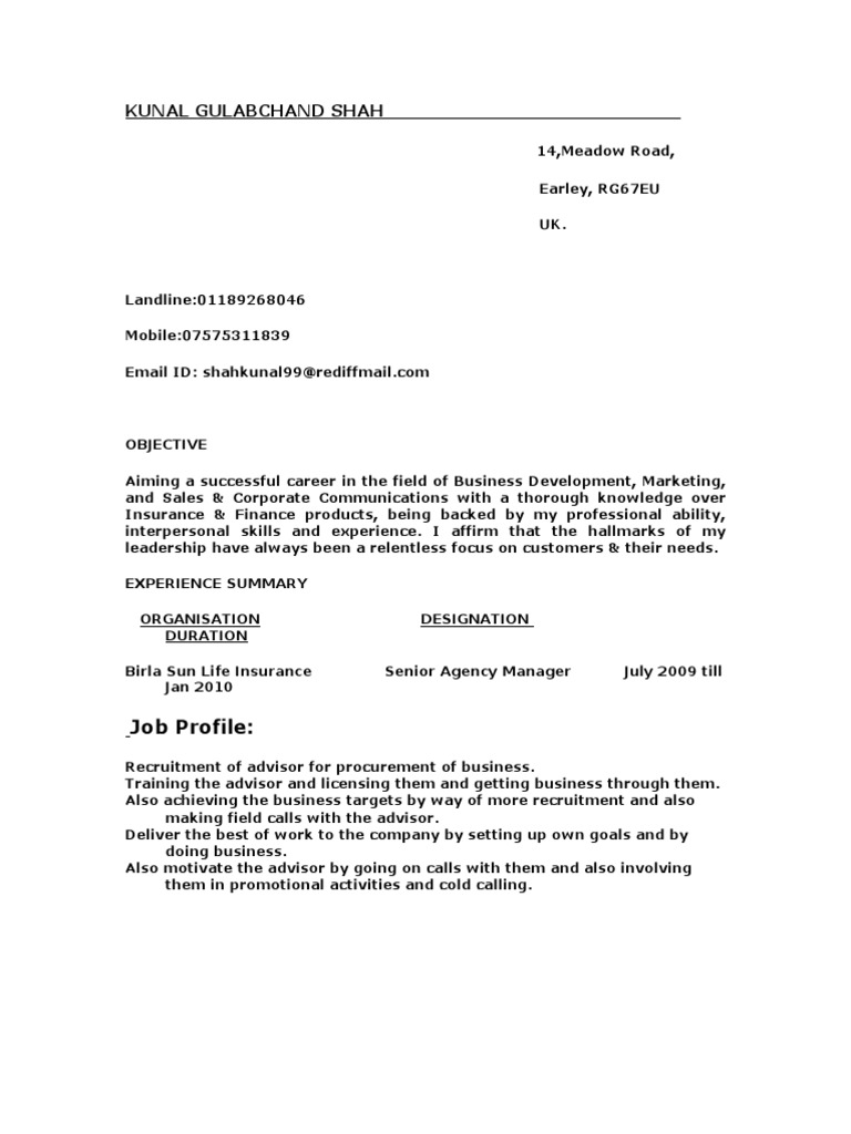 Kunal Bio Data | PDF | Sales | Insurance